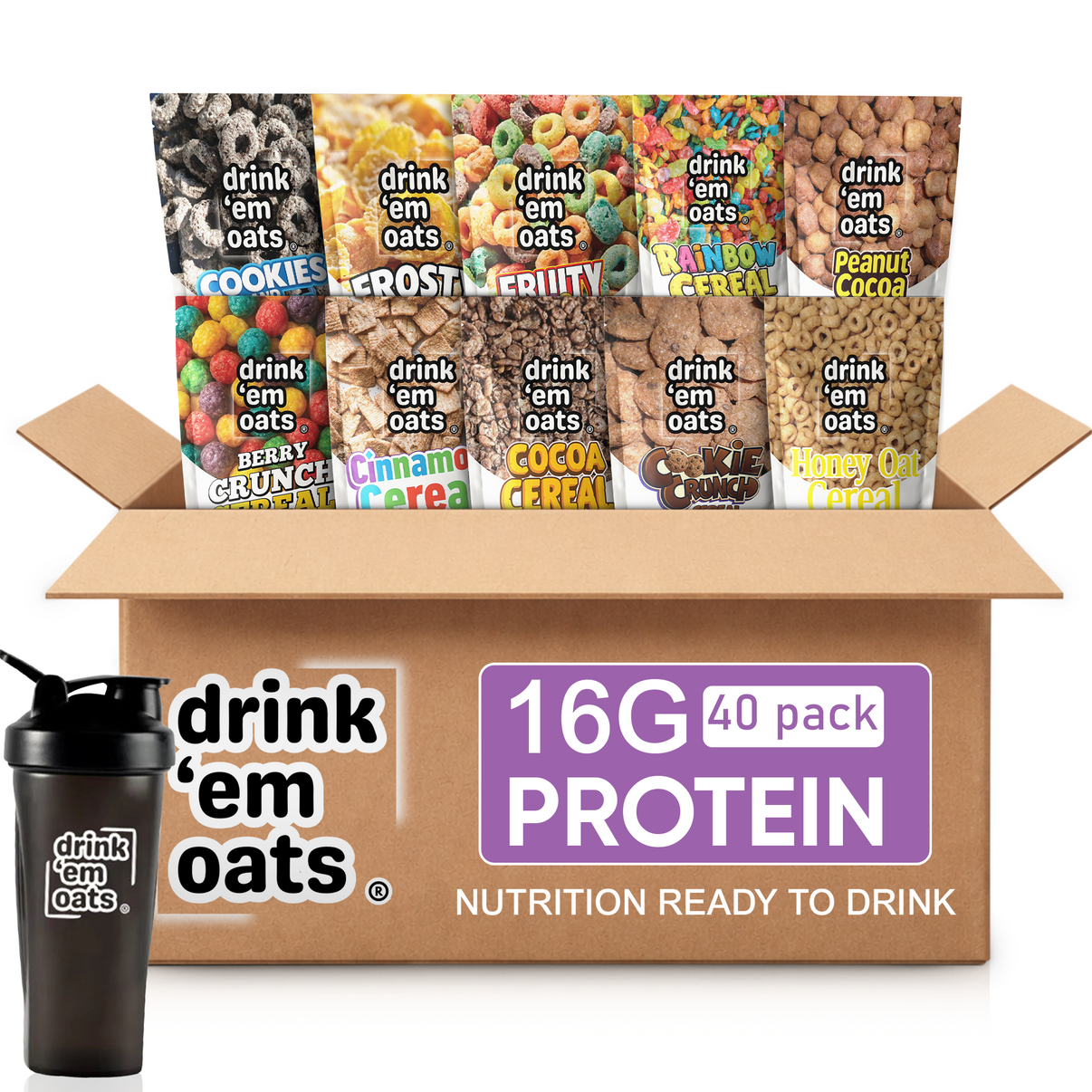 Drink 'em Oats 40 pack Variety Pack with Shaker Bottle